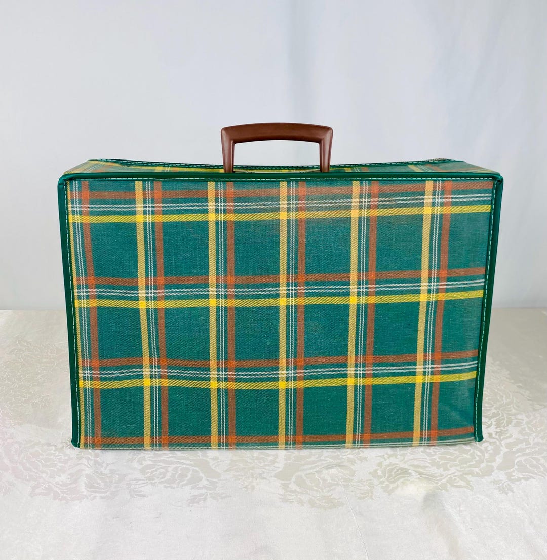 Vintage Green Plaid Soft Shell Collapsible Suitcase Train Case, Mid ...