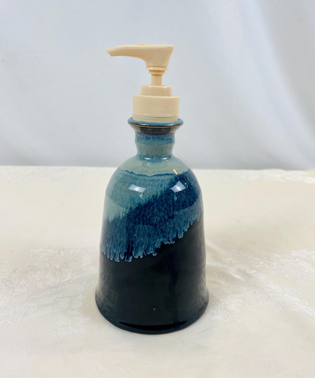 Handmade Pottery Soap Dispenser – Signed – Blue Drip Glaze Stoneware ...