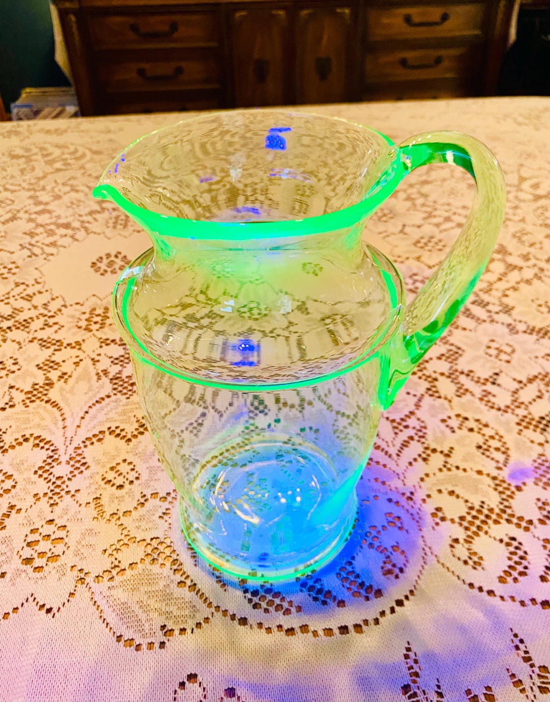 GLOWING Large Vintage Uranium Glass Pitcher – Hand Blown With Applied ...