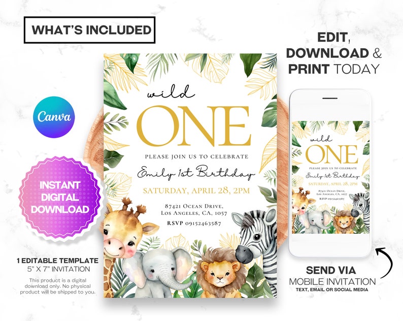 EDITABLE Safari Birthday Invitation, Safari 1st Birthday Invite, Gold ...