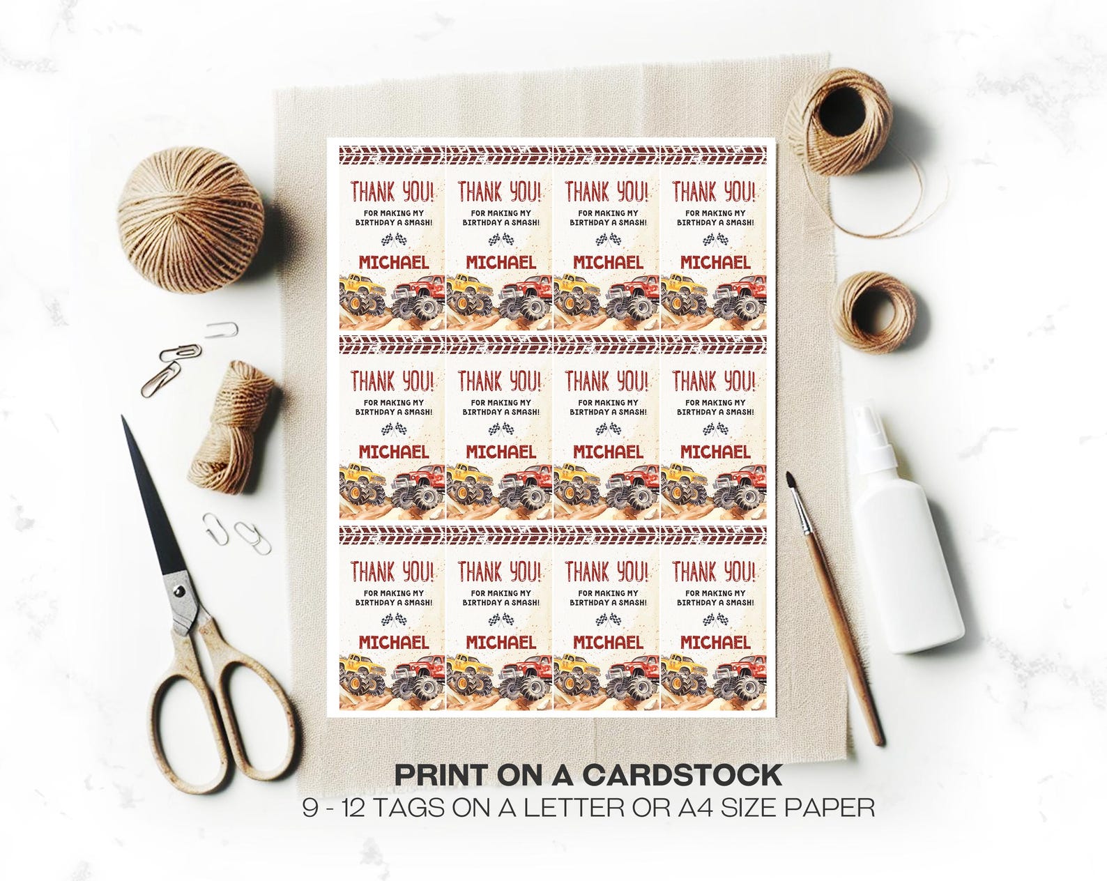 Editable Monster Truck Favor Tags, Monster Truck Thank You Tags ...