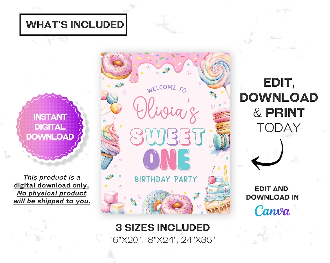 Editable Sweet One Birthday Welcome Sign, Sweet One Birthday Party Sign ...