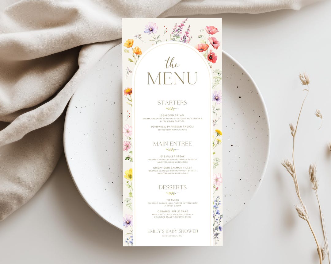 Editable Baby in Bloom Menu Template, Floral Menu Template, Wildflower ...