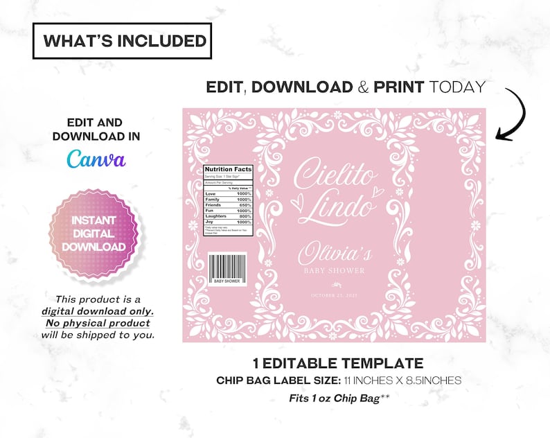 Editable Cielito Lindo Chip Bag Label, Pink Mexican Talavera Baby ...