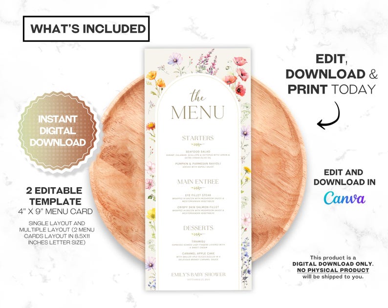 Editable Baby in Bloom Menu Template, Floral Menu Template, Wildflower ...
