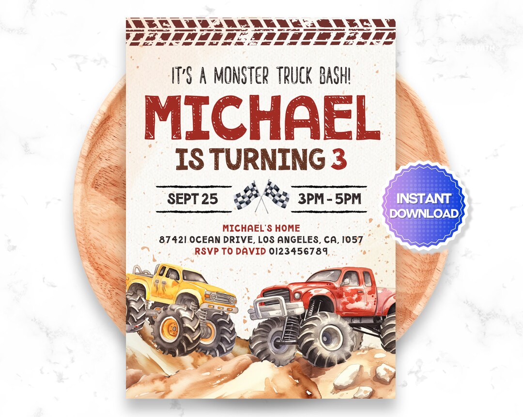 Editable Monster Truck Birthday Invitation, Monster Truck Birthday ...