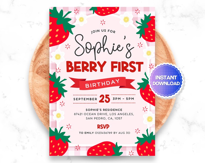 Editable Berry Birthday Invitation, Berry First Birthday Invitation ...