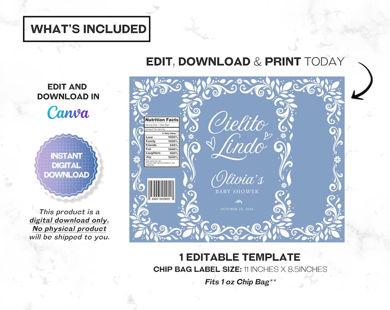 Editable Cielito Lindo Chip Bag Label, Printable Mexican Talavera Baby ...