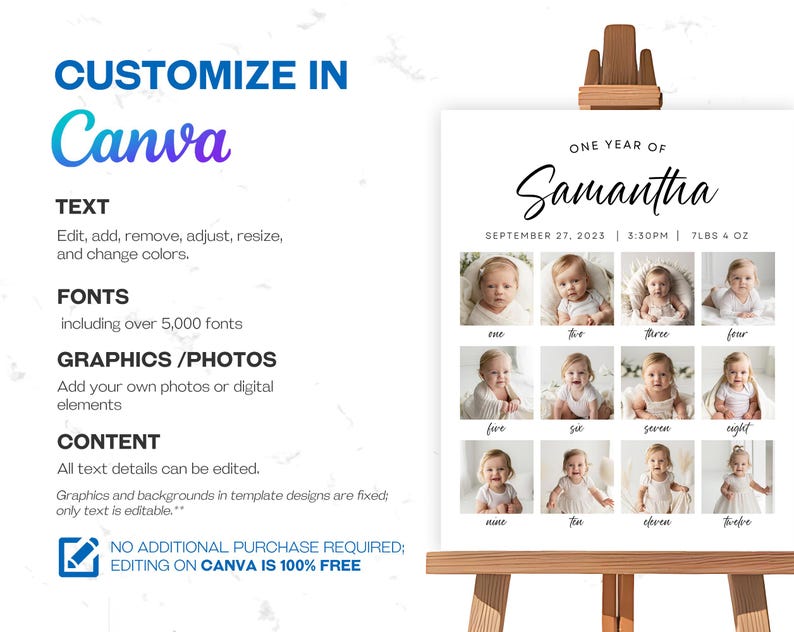 Editable First Birthday Photo Sign Template, Printable 1st Birthday ...