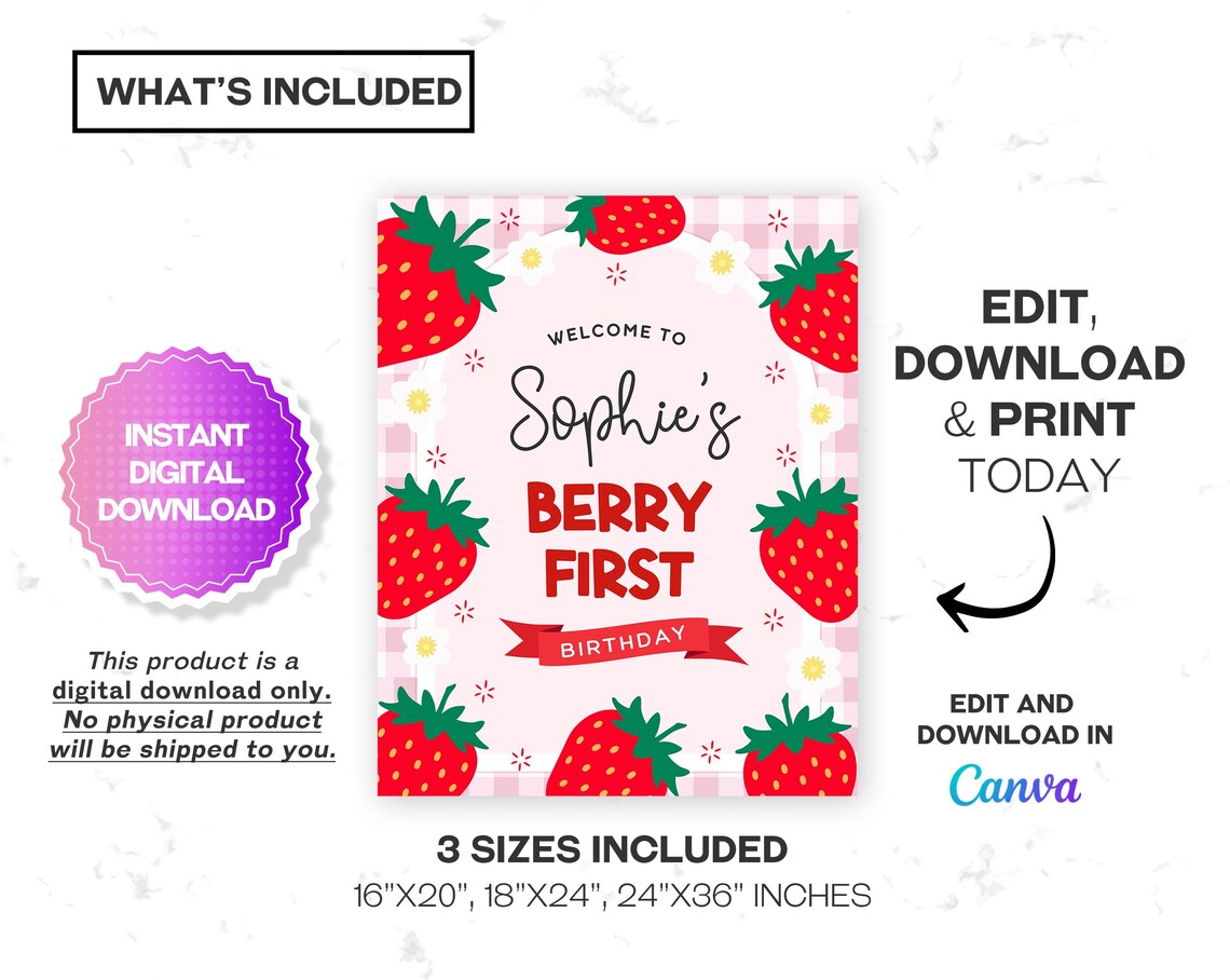 Editable Berry Birthday Welcome Sign, Berry First Party Sign ...