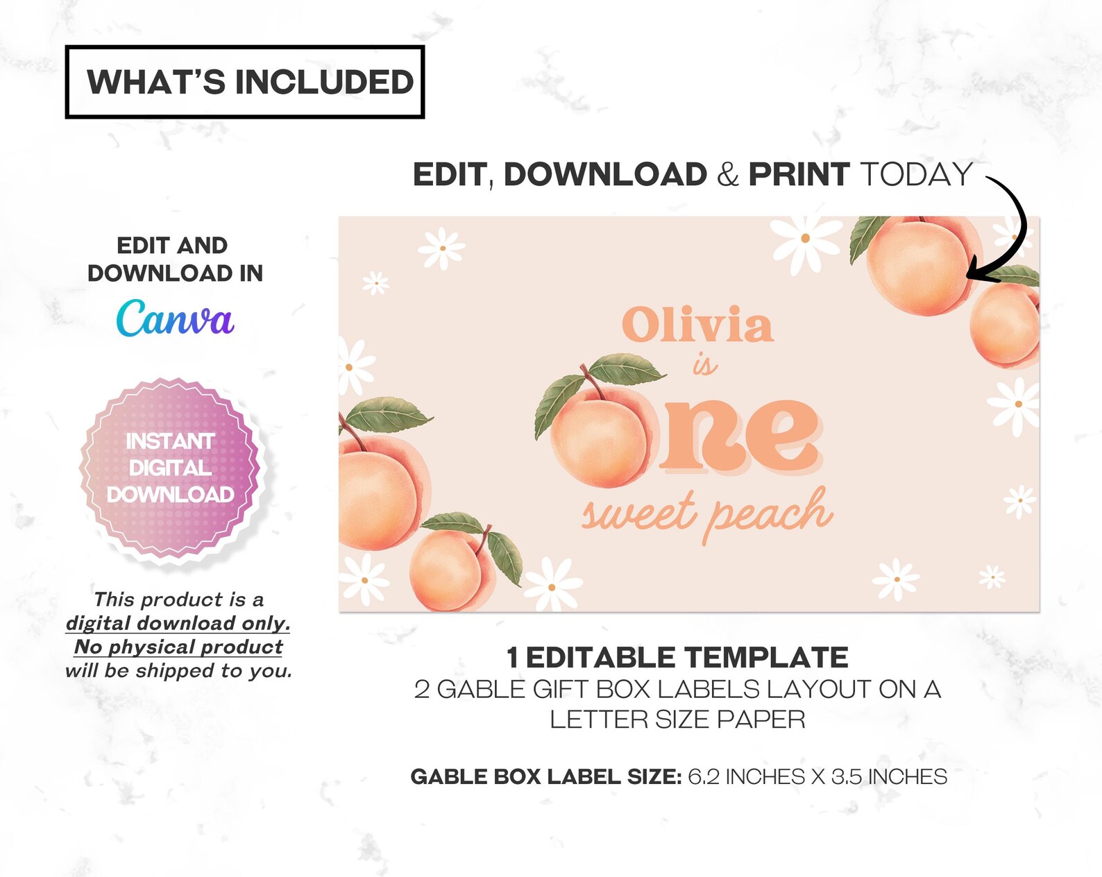Editable One Sweet Peach Gable Box Label, Peach Favor Box Label, Peach ...