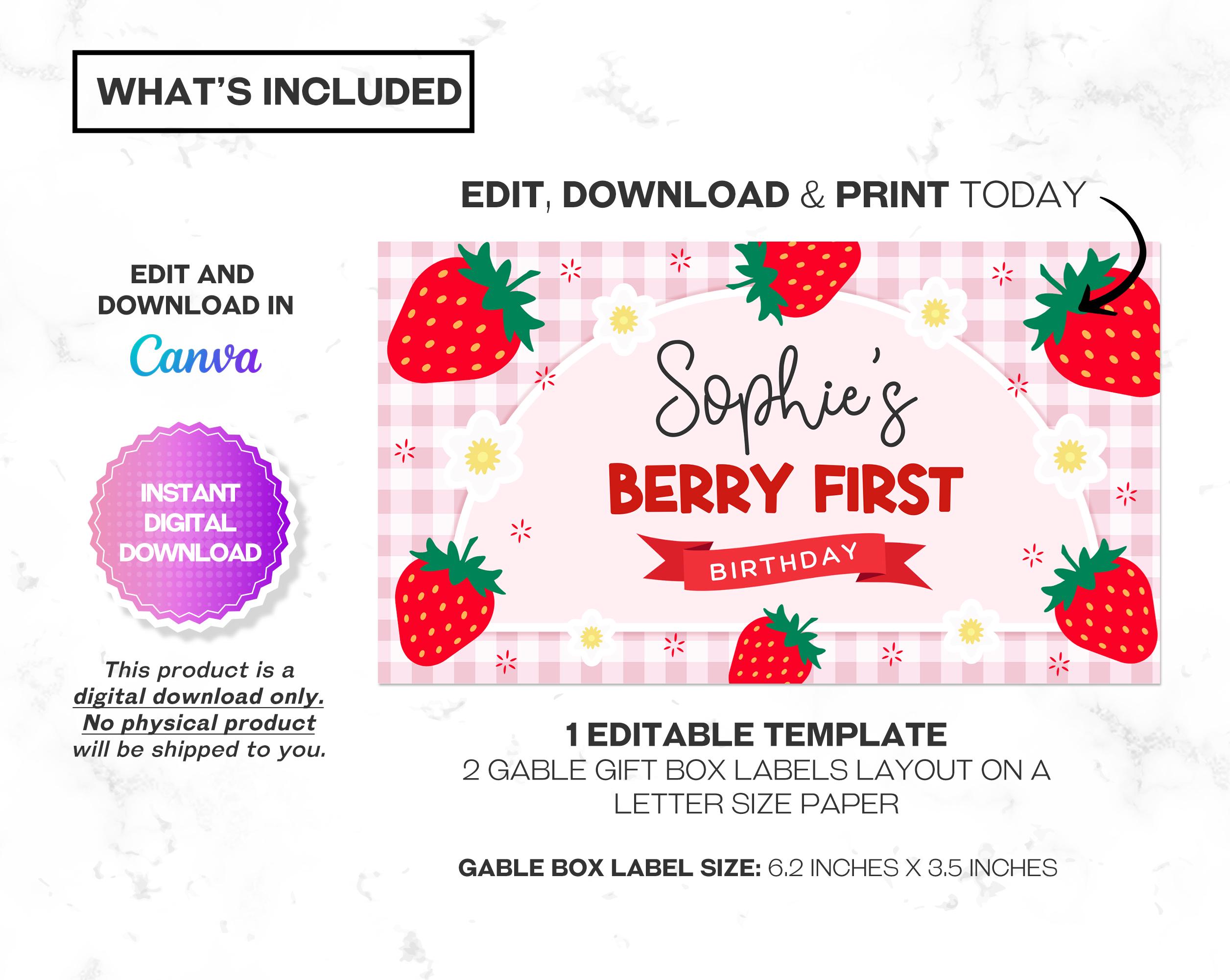 Editable Berry First Birthday Gable Box Labels, Strawberry Gable Box ...