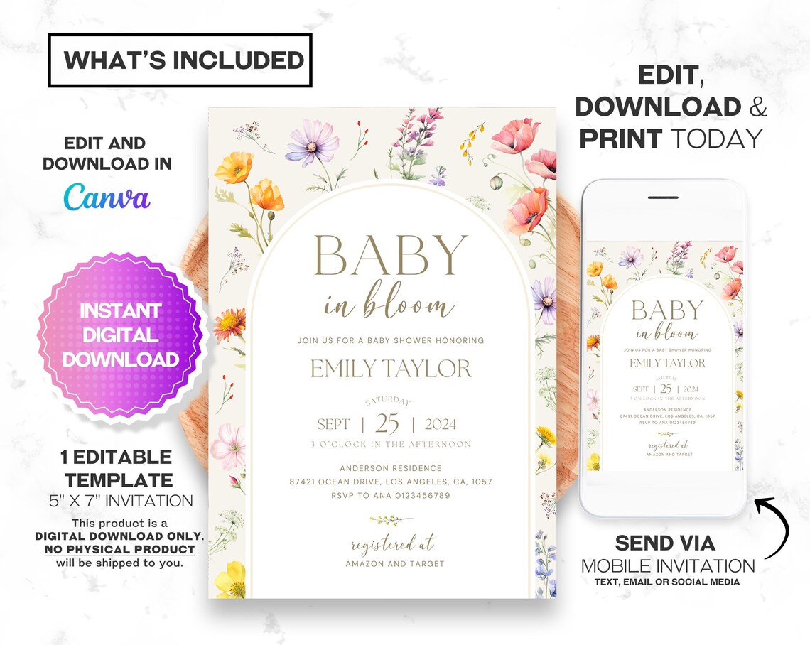 Baby in Bloom Baby Shower Invitation, Editable Floral Baby Shower ...