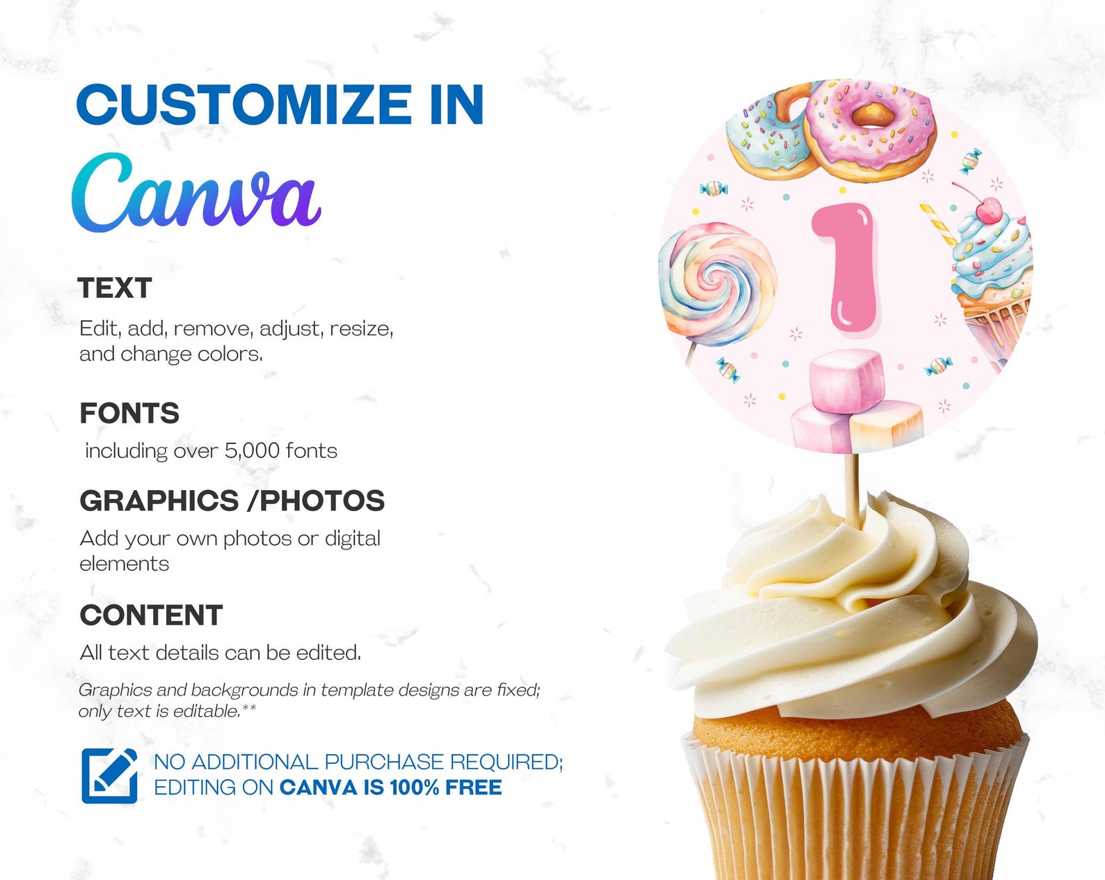Editable Sweet One Cupcake Toppers, Candy Birthday Cupcake Toppers ...