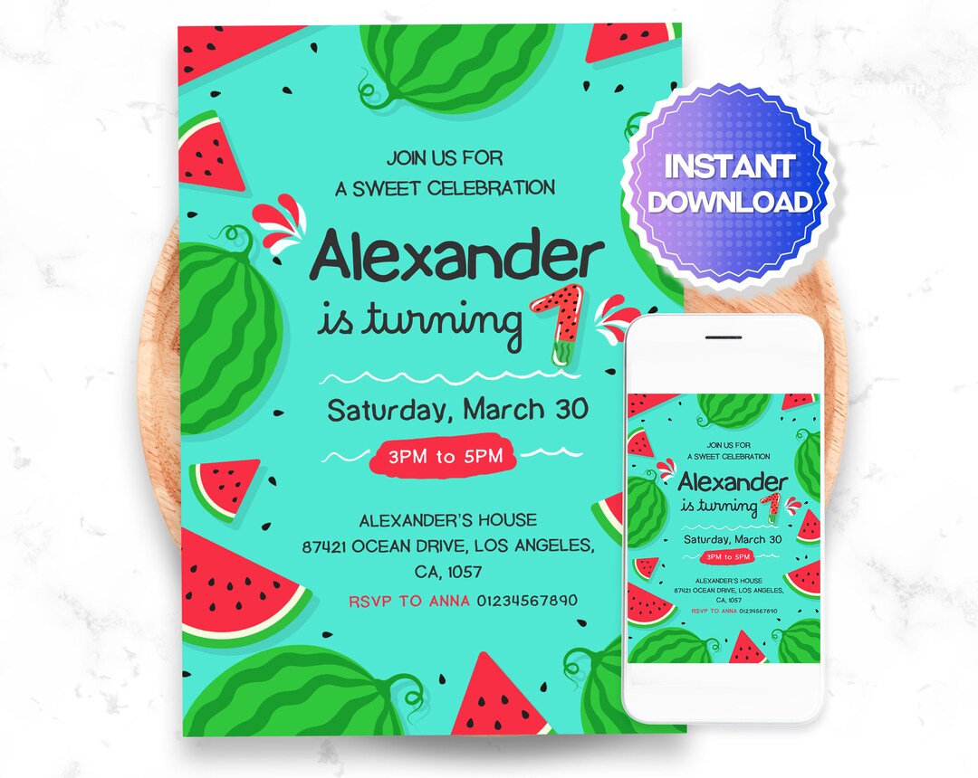 Editable Watermelon Invitation, One in a Melon Birthday Invitation ...