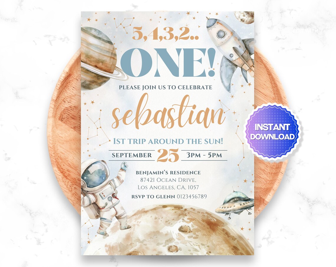 Editable Astronaut Birthday Invitation, First Trip Around the Sun Birthday Invitation, Outer ...