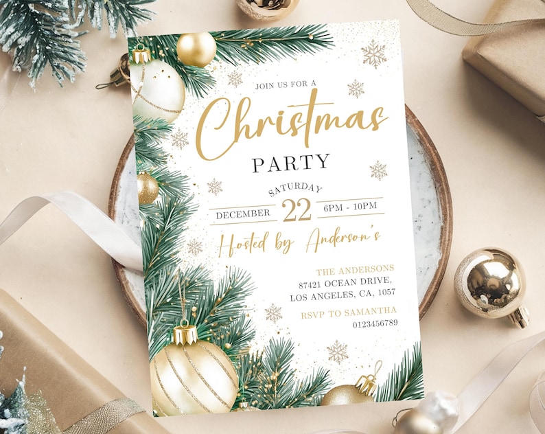 Editable Christmas Party Invitation, Gold Holiday Party Invite, Gold ...