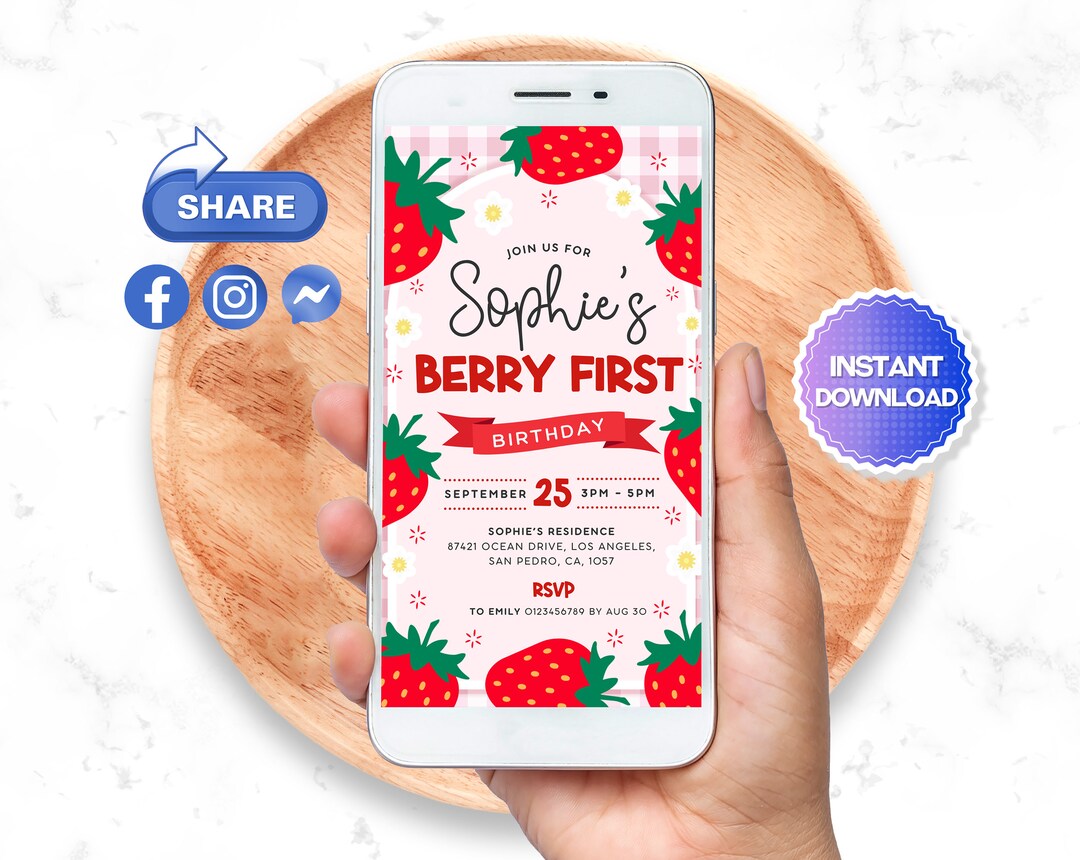 Editable Berry First Birthday Evite, Berry Mobile Phone Invite, Strawberry Electronic Invitation ...