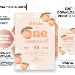 Editable Peach Birthday Invitation, One Sweet Peach Birthday Invitation ...
