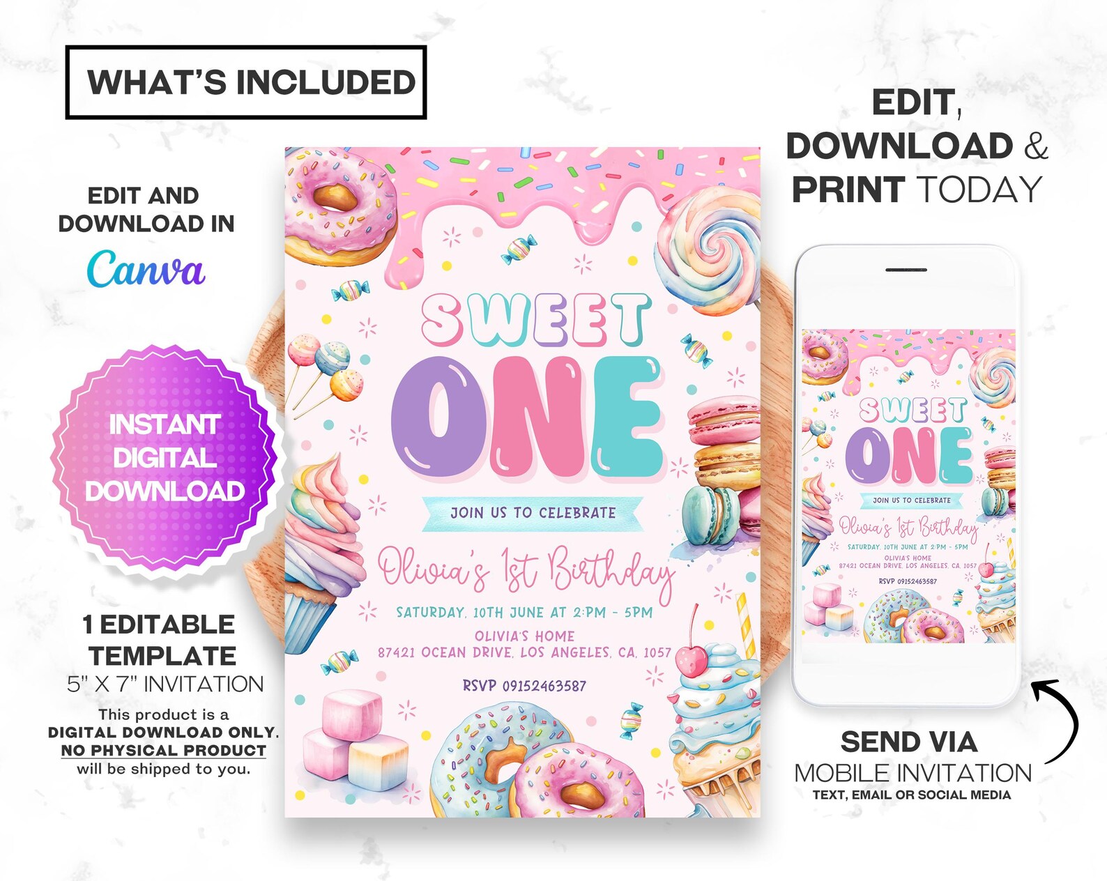 Editable Sweet One Birthday Invitation, Candy Land Birthday Invitation ...