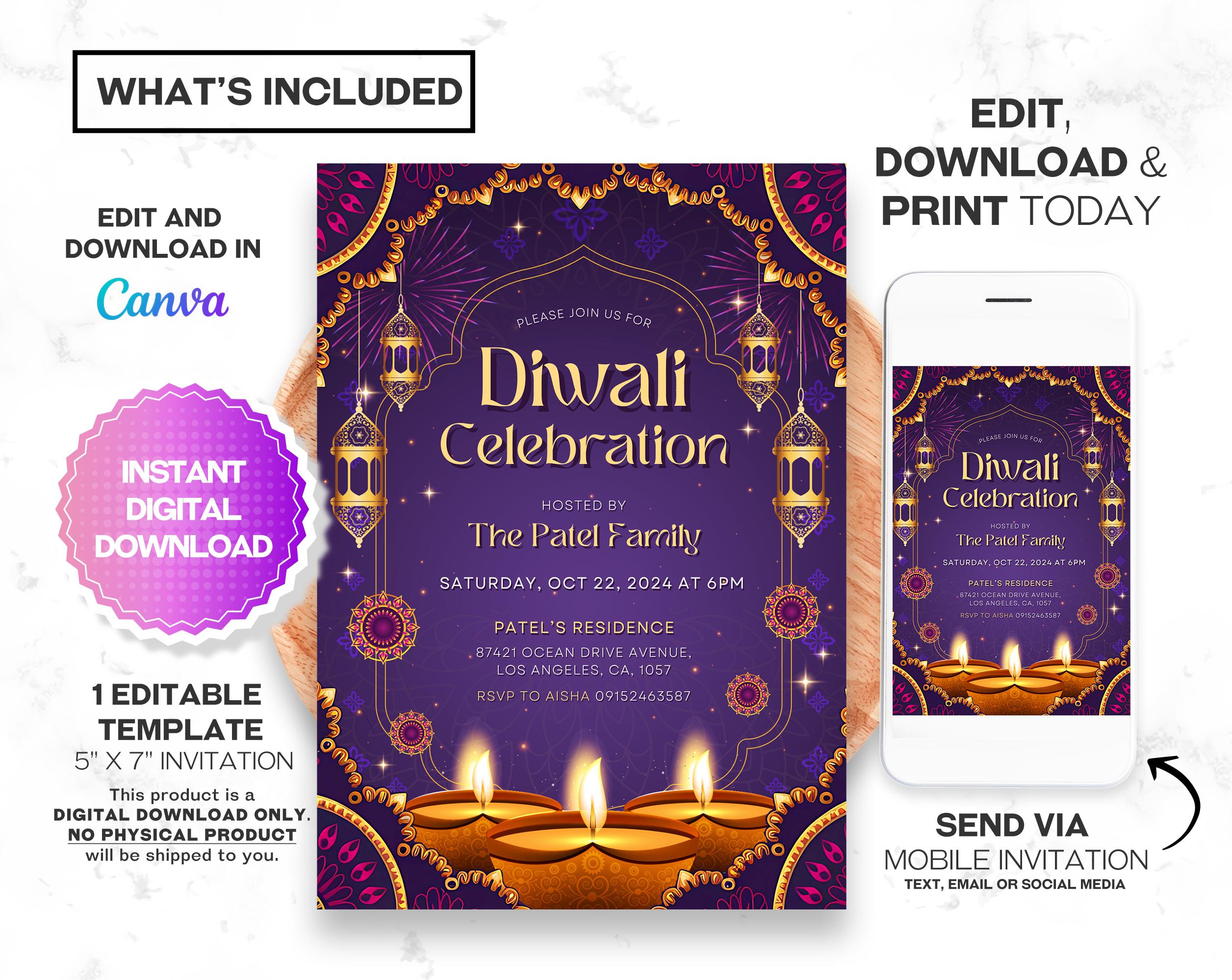 Editable Diwali Festival Invitation, Diwali Party Invitation, Hindu ...