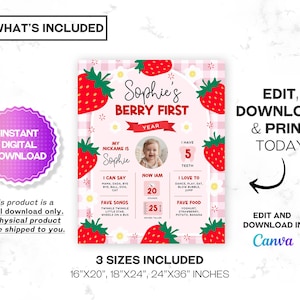 Editable Berry First Birthday Milestone Poster Sign, Berry First ...