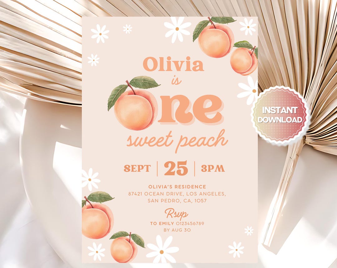 Editable Peach Birthday Invitation, One Sweet Peach Birthday Invitation ...