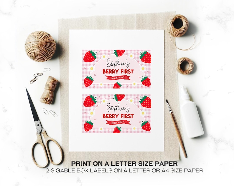 Editable Berry First Birthday Gable Box Labels, Strawberry Gable Box ...