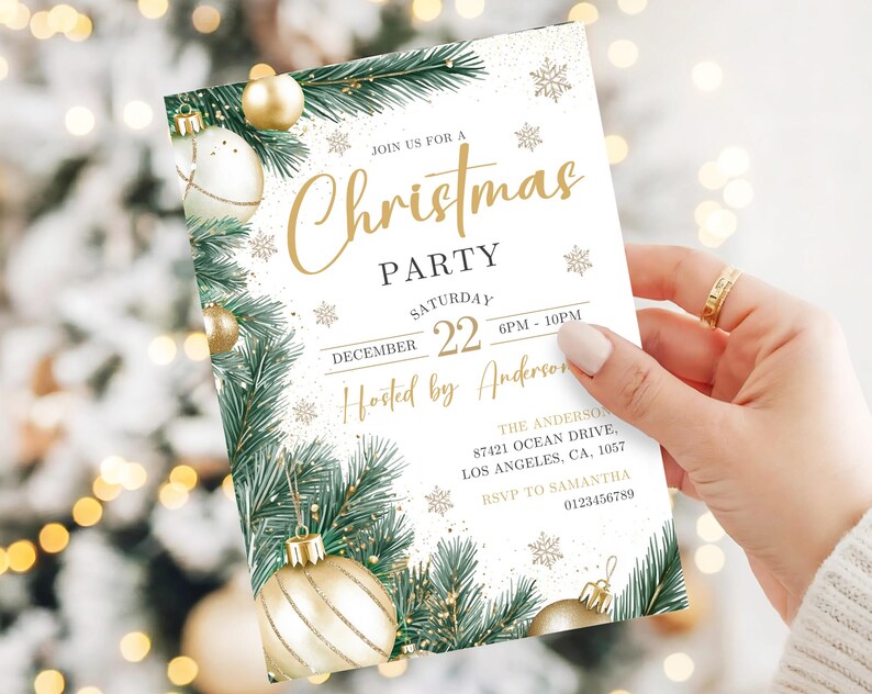 Editable Christmas Party Invitation, Gold Holiday Party Invite, Gold ...