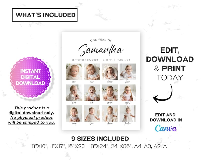 Editable First Birthday Photo Sign Template, Printable 1st Birthday ...