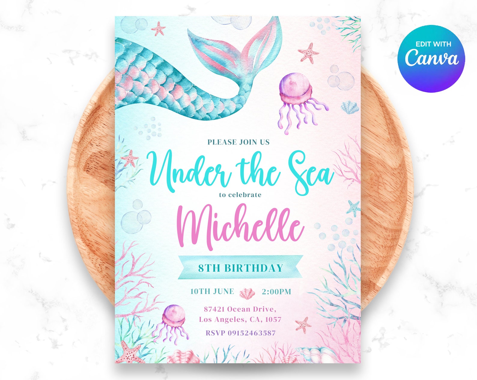 Editable Mermaid Birthday Invitation, Under the Sea Birthday Invite ...