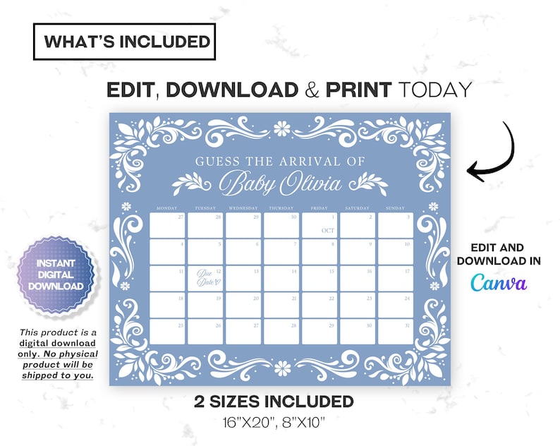 Editable Cielito Lindo Baby Shower Due Date Calendar, Blue Cielito ...