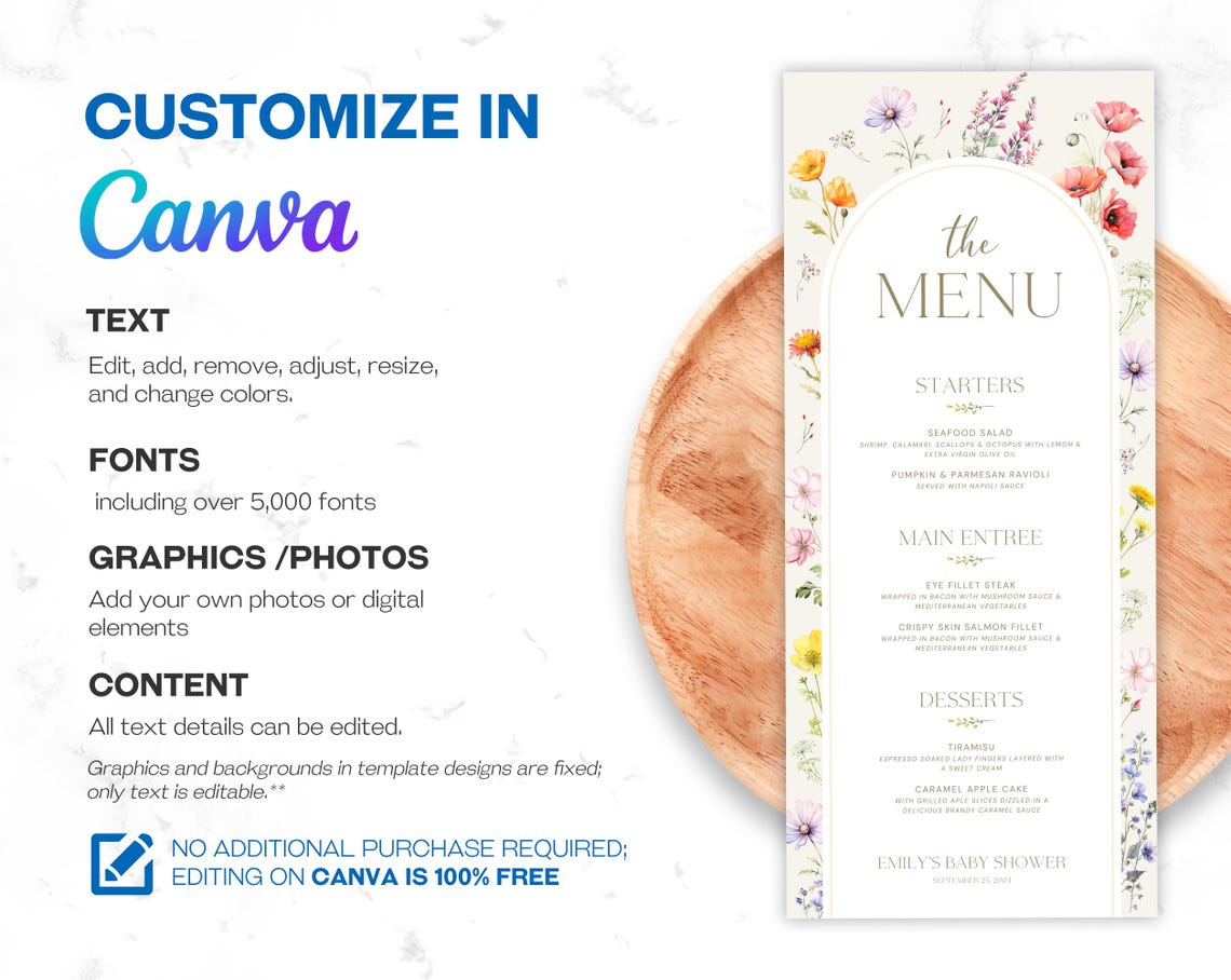 Editable Baby in Bloom Menu Template, Floral Menu Template, Wildflower ...