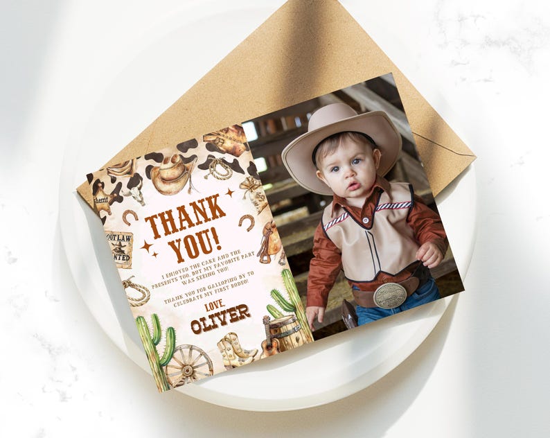 Editable First Rodeo Thank You Card, Rodeo Birthday Photo Card, Cowboy ...
