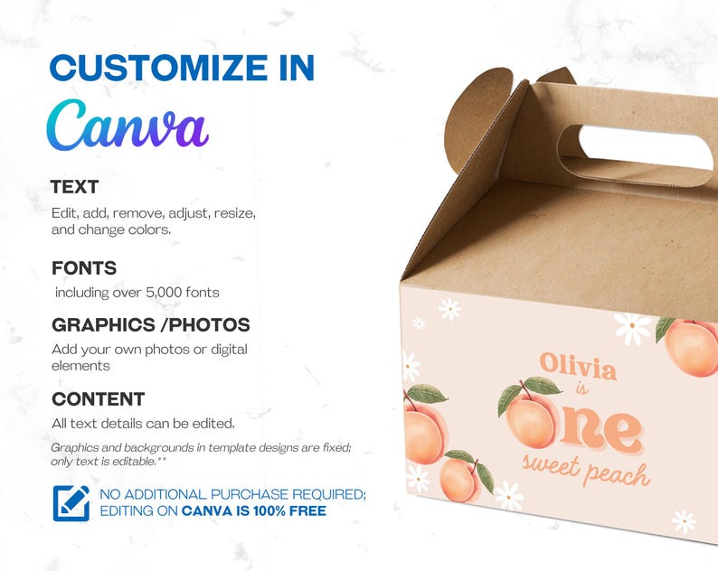 Editable One Sweet Peach Gable Box Label, Peach Favor Box Label, Peach ...