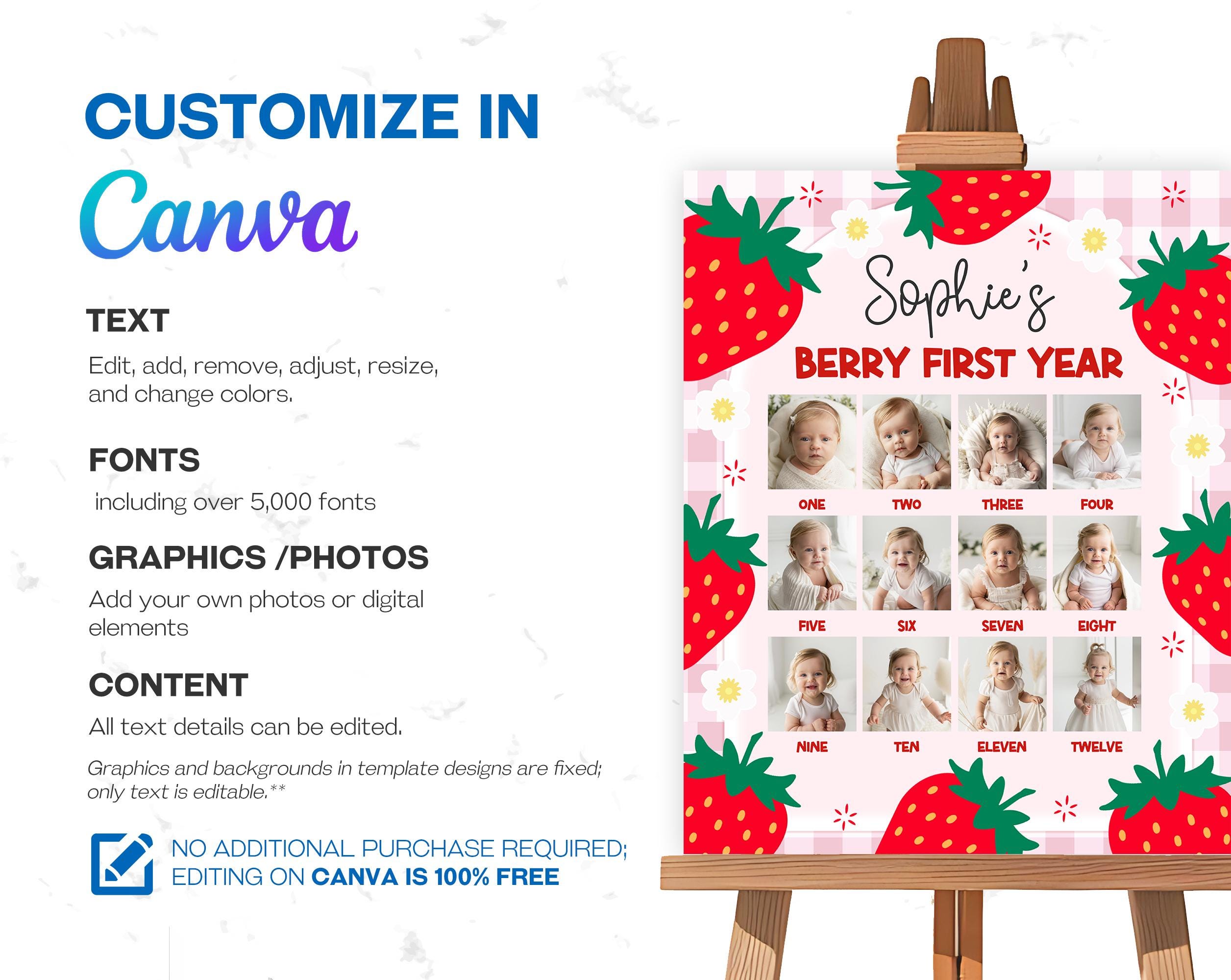 Editable Berry First Birthday Photo Milestone Board, Strawberry 1st ...