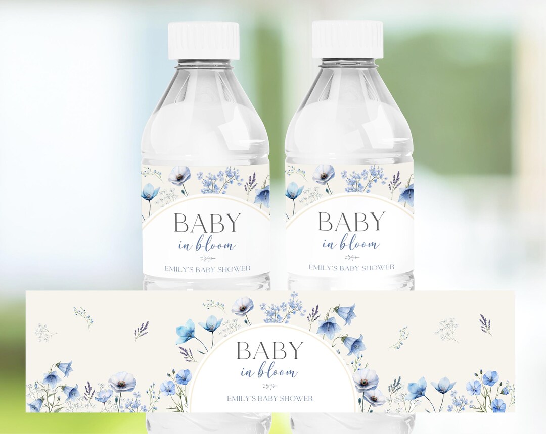 Editable Blue Baby in Bloom Baby Shower Water Bottle Label, Wildflower ...