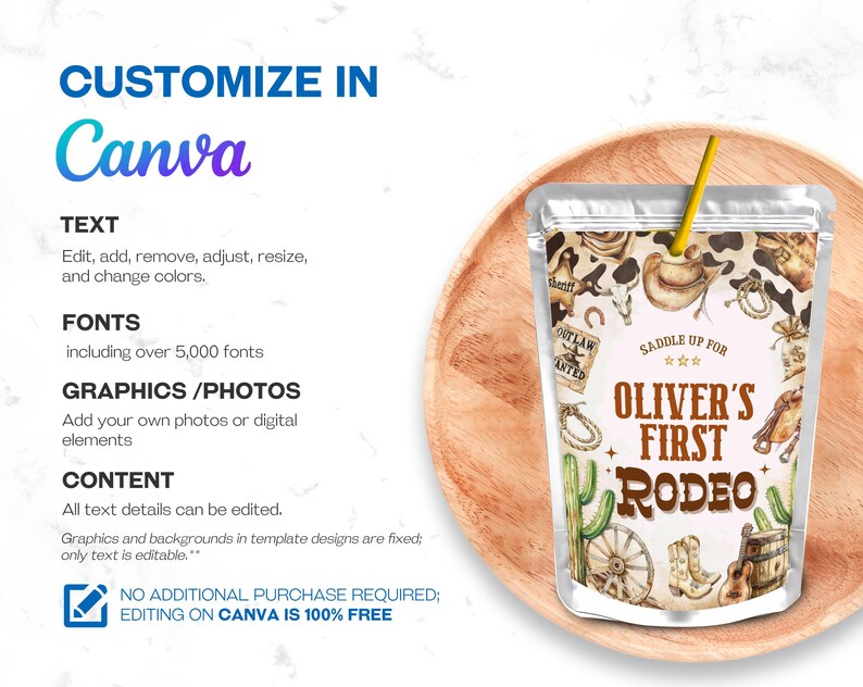 Editable First Rodeo Birthday Juice Label, First Rodeo Juice Pouch ...