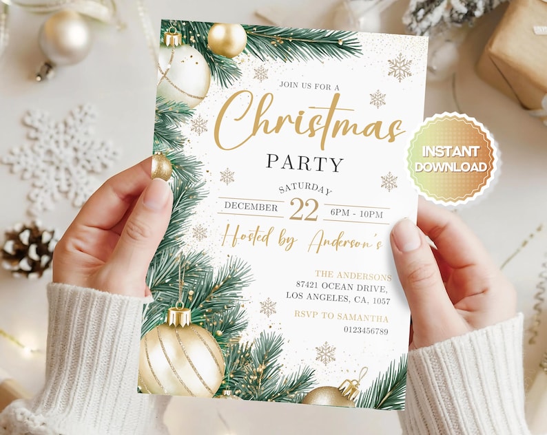 Editable Christmas Party Invitation, Gold Holiday Party Invite, Gold ...
