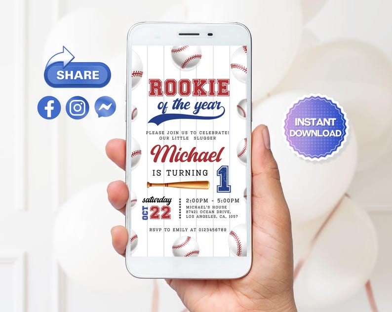 Editable Baseball First Birthday Evite, Baseball Mobile Phone Invite ...