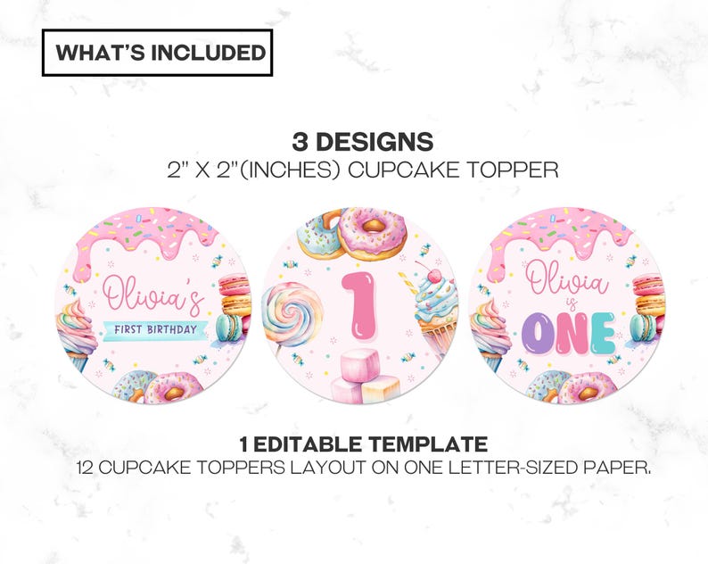 Editable Sweet One Cupcake Toppers, Candy Birthday Cupcake Toppers ...