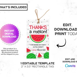 Editable Watermelon Favor Tags, One in a Melon Tags, Watermelon ...