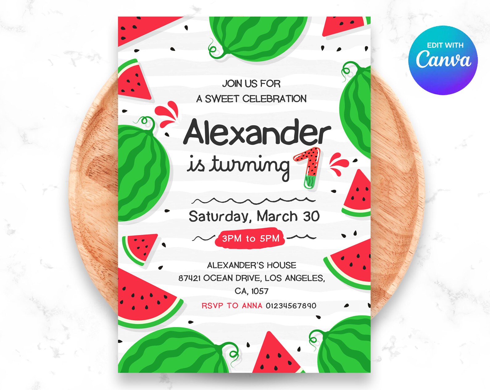 Editable Watermelon Birthday Invitation, One in a Melon Birthday Invite ...