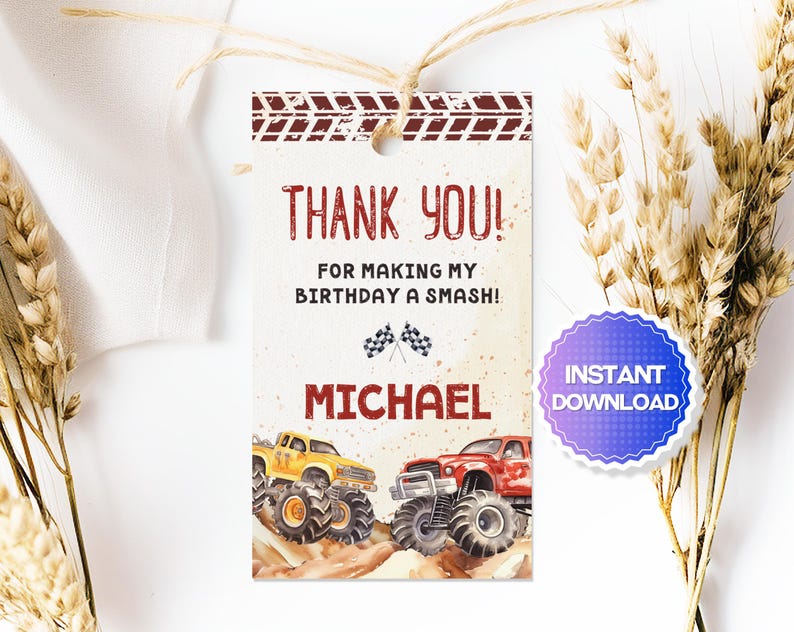 Editable Monster Truck Favor Tags, Monster Truck Thank You Tags ...