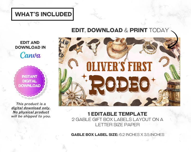 Editable First Rodeo Birthday Gable Box Labels, Cowboy Gable Box Label ...