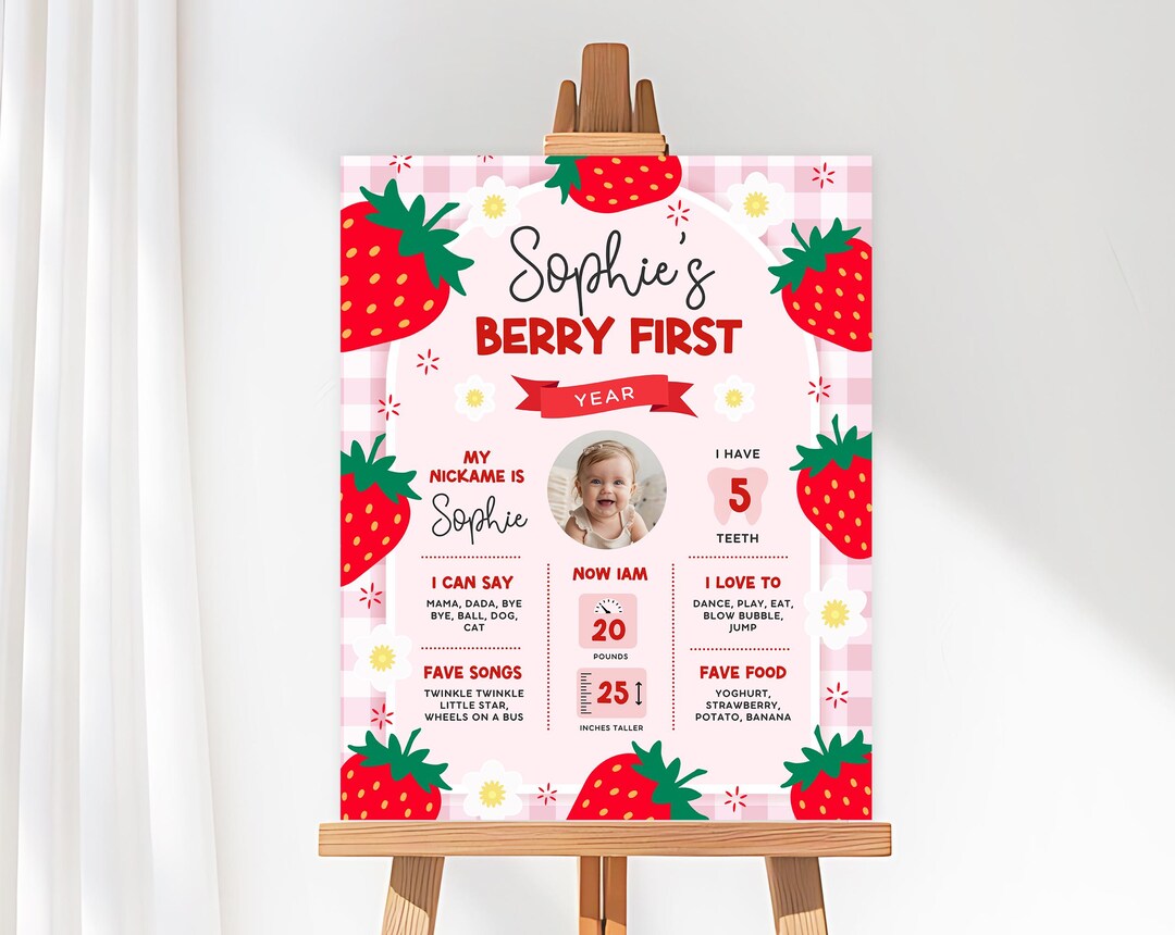 Editable Berry First Birthday Milestone Poster Sign, Berry First ...