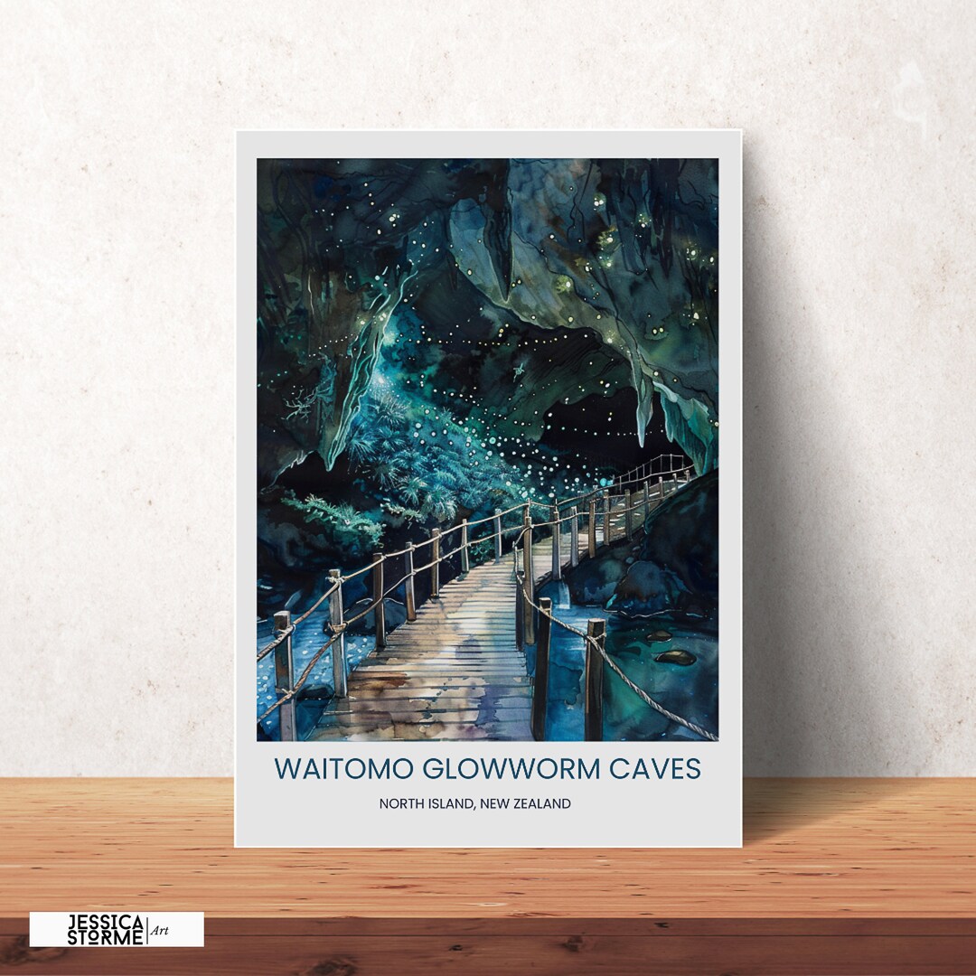 Waitomo Glowworm Caves Watercolour Illustration, Colorful Wall Art ...