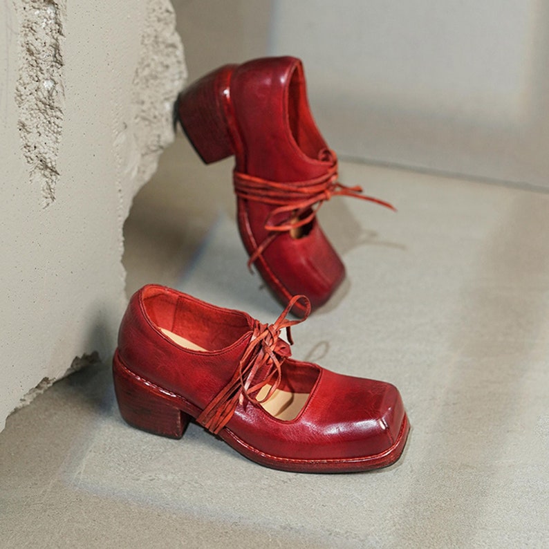 French Red Mary Jane Shoes in Horse Leather, High-quality Elegant ...