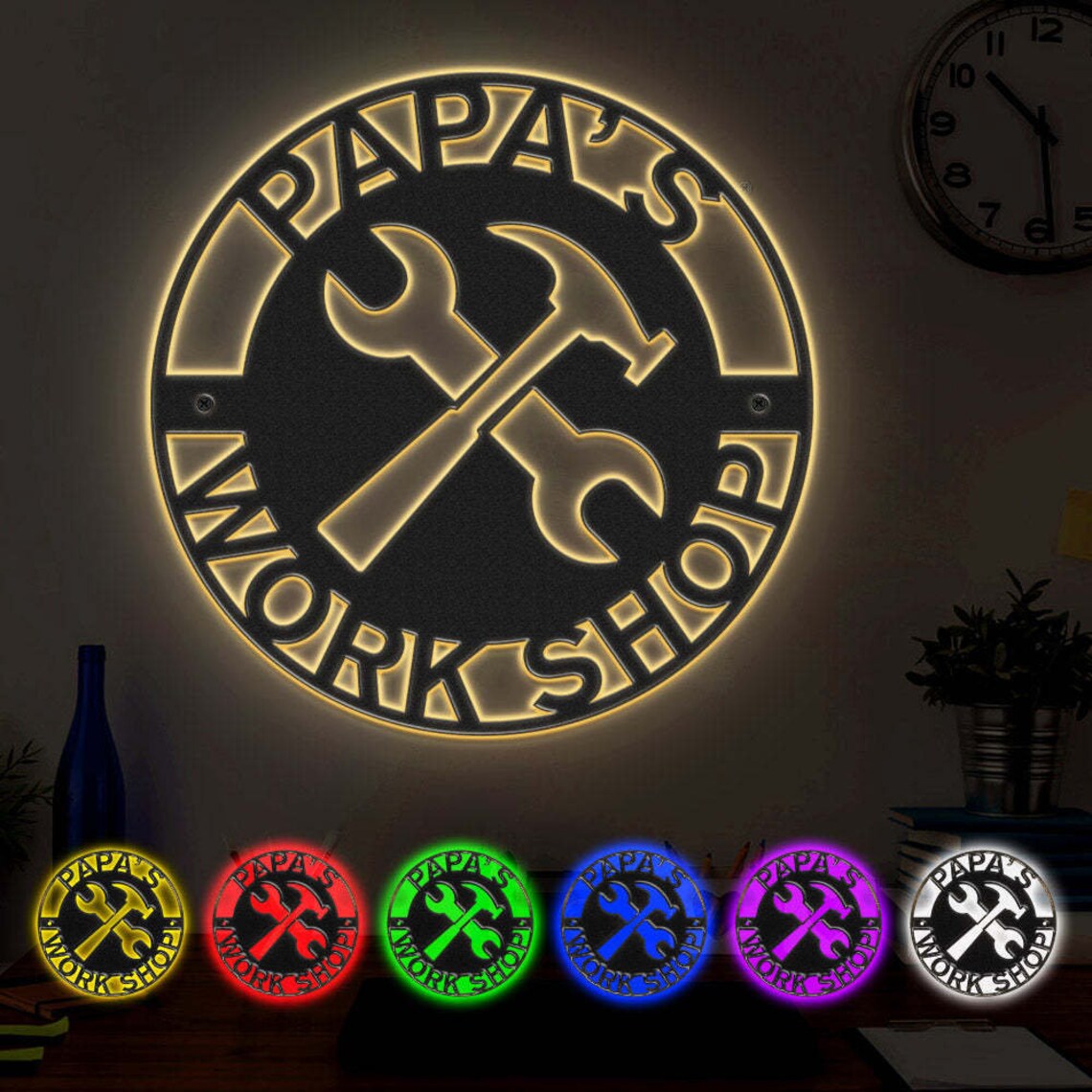 Custom Metal Workshop Sign With Lights Dads Workshop Metal Art With LED ...