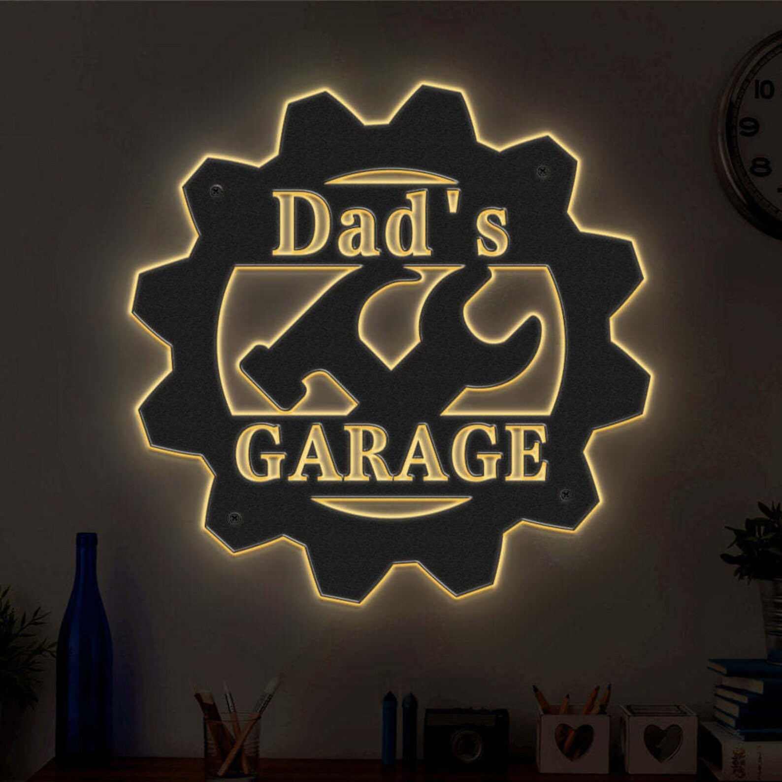 Personalized Metal Dads Garage Sign With Lights Ultimate Dad Cave Decor ...